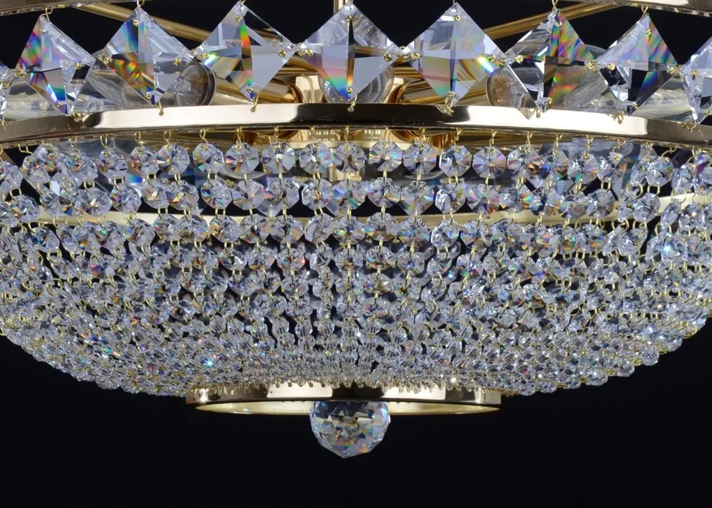 Zlatý košový křišťálový lustr Swarovski se čtvercovými kameny, rautovou koulí a 9-ti žárovkami