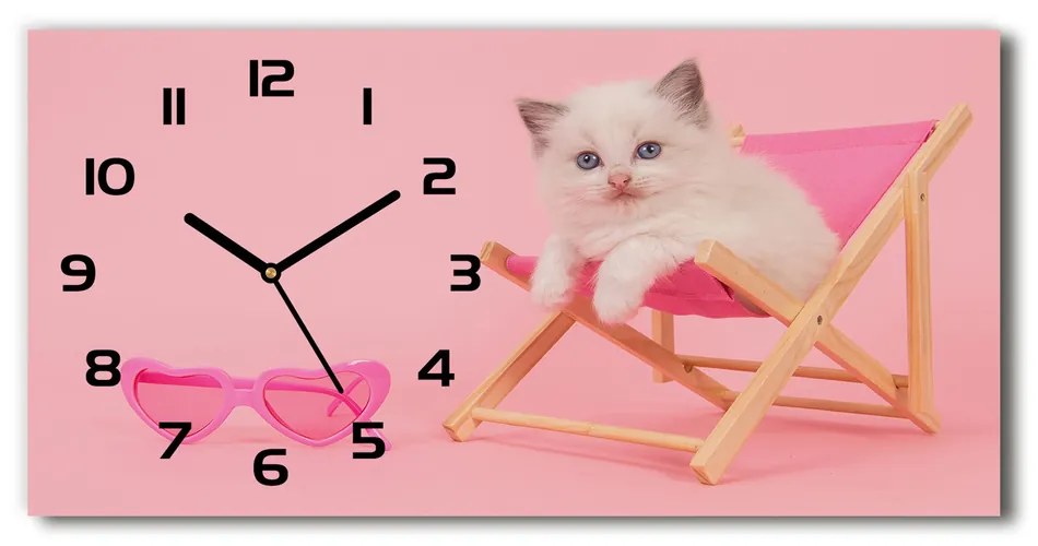 Wallmuralia Skleněné hodiny na stěnu tiché Kočka na lehátku 60x30 cm