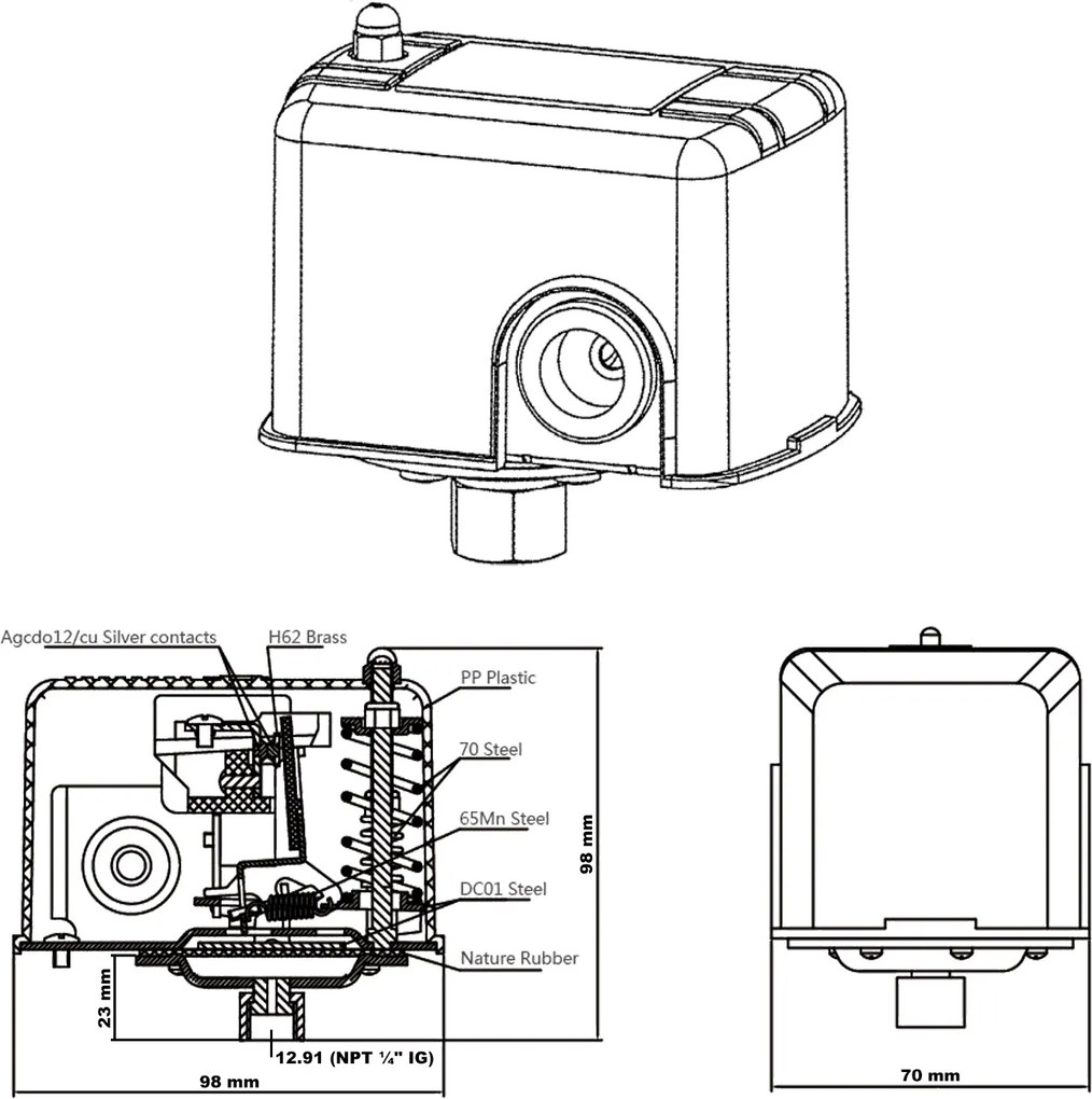 Tlakový spínač pro domácí vodárnu Wiltec SK-2 – 230 V, černá (50763)