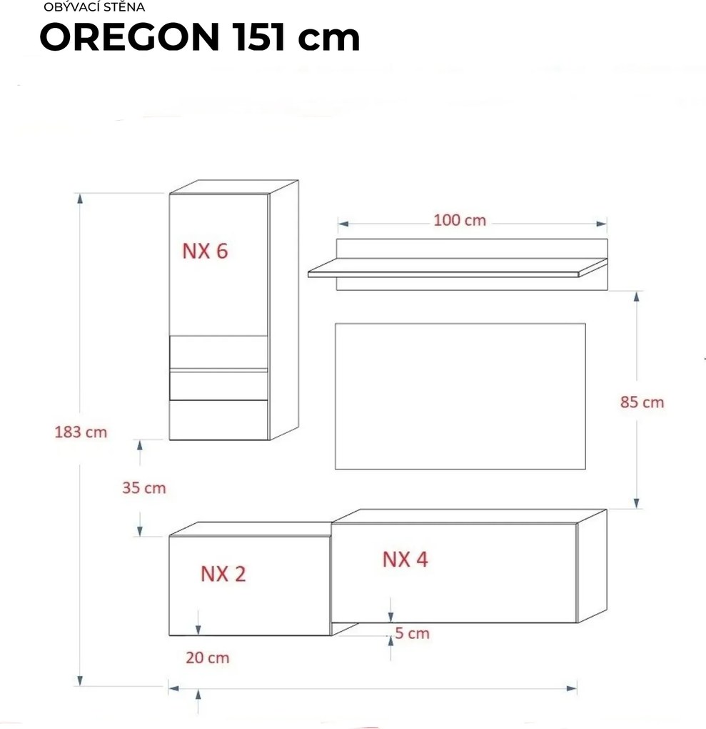 Ral Obývací stěna OREGON 1, 151 cm - Černý lesk