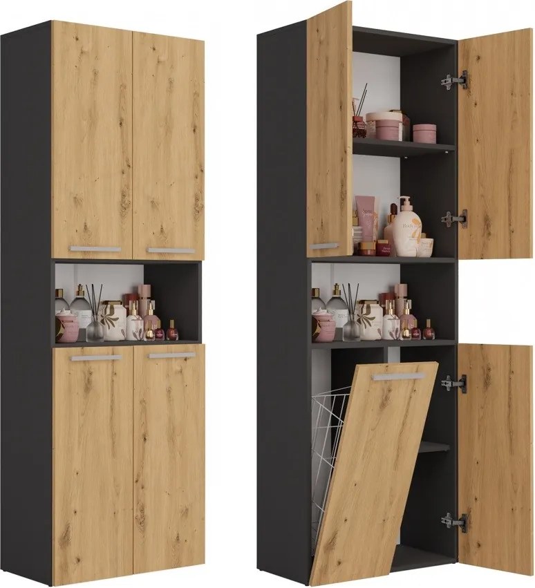 Koupelnový sloupek s košem na prádlo NEL 1K DK antracit/dub artisan