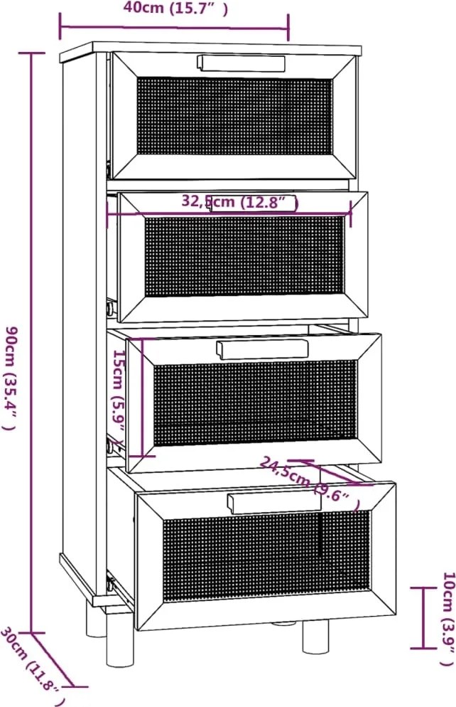 vidaXL Příborník 40x30x90 cm masivní borovice a přírodní ratan [345642] Barva: Černá