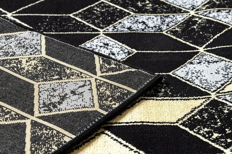 Dywany Łuszczów, Běhoun Gloss 400B 86 3D geometric black/gold, 70x300, černá, obývací pokoj