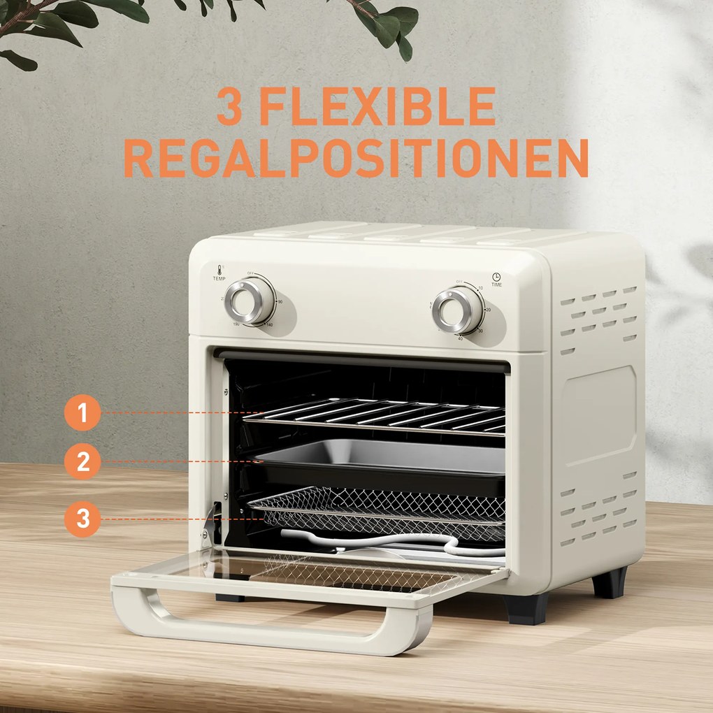 HOMCOM Mini trouba s konvekcí 10 l 2 v 1 Mini trouba s roštem, plechem na pečení a plechem na drobky, horkovzdušná fritéza 80 °C-230 °C, s dotykovým …