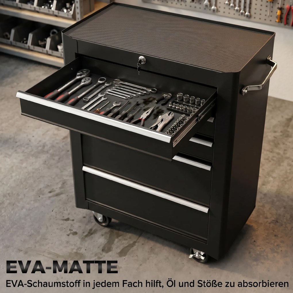 HOMCOM Odborný vozík na nářadí, prázdný, uzamykatelný s 5 zásuvkami, 2 klíči, protiskluzovými rohožemi, černý