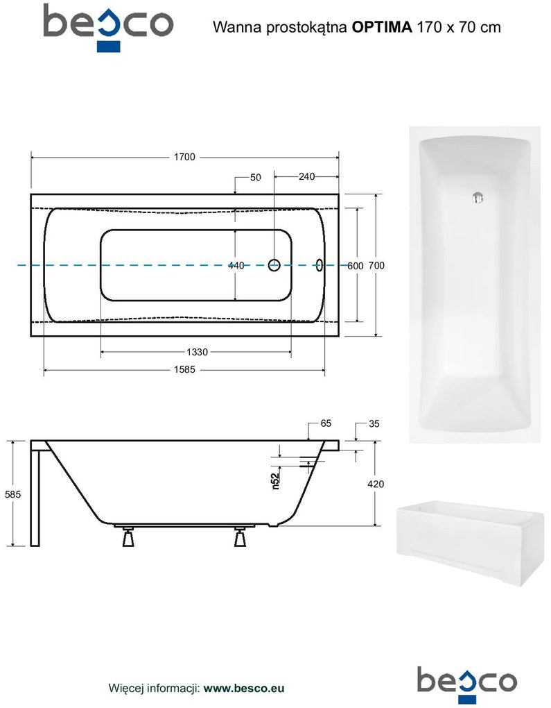 BESCO Obdélníková vana OPTIMA Nožičky k vaně - S nožičkami, Rozměr vany - 170 × 70 cm - VANOPT17+OLVPINOZ