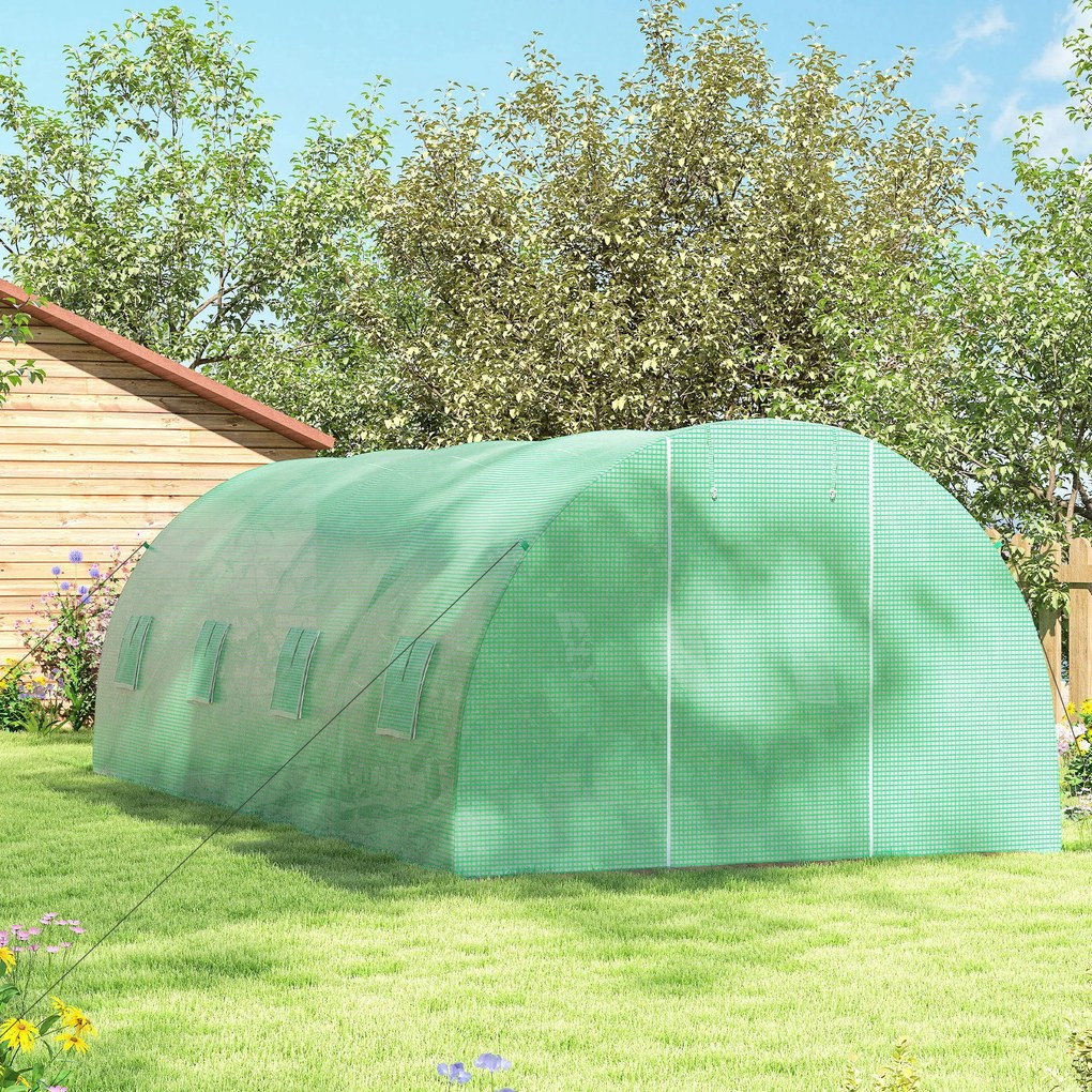 Outsunny Fóliový skleník, průchozí, 8 oken se sítí proti hmyzu, robustní fólie, ocelový rám, 6 x 3 x 2 m, zelený