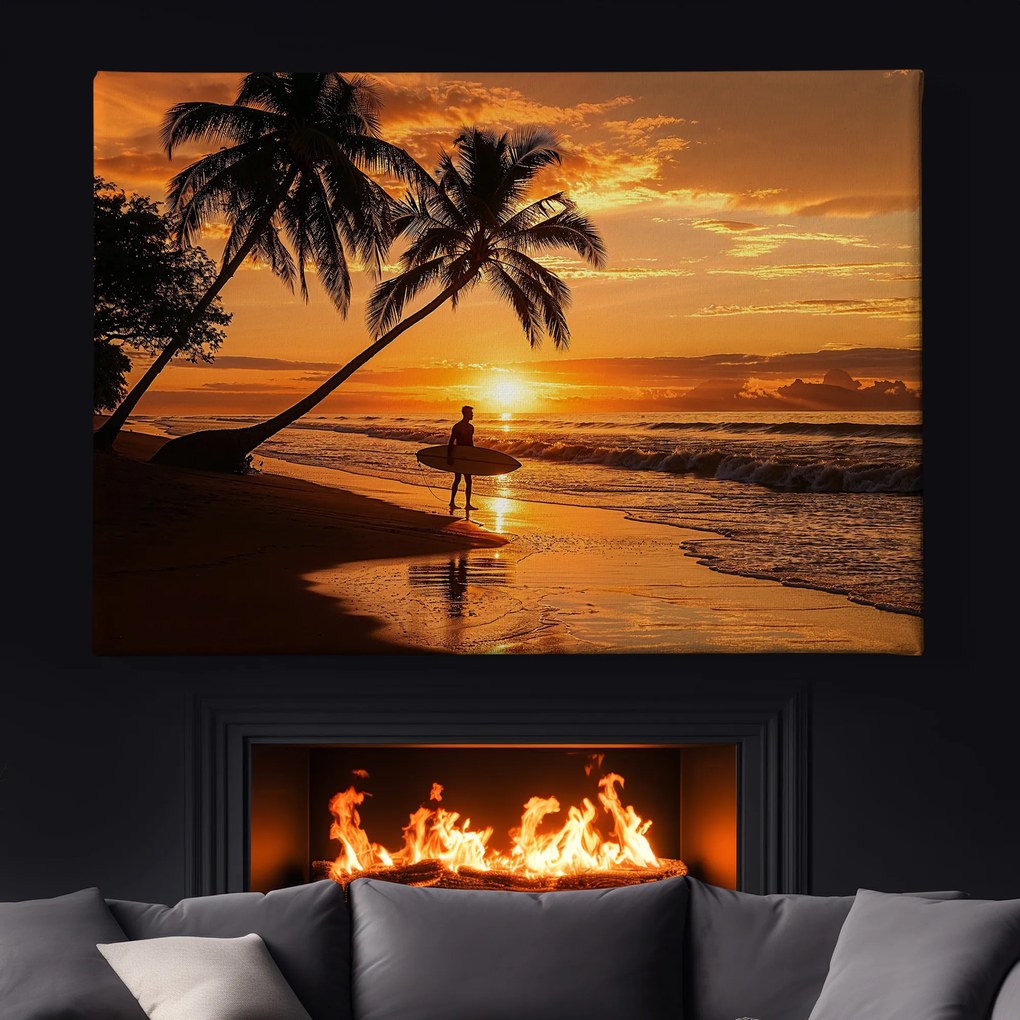 Obraz na plátně - Surfař pod palmami při západu slunce FeelHappy.cz Velikost obrazu: 90 x 60 cm
