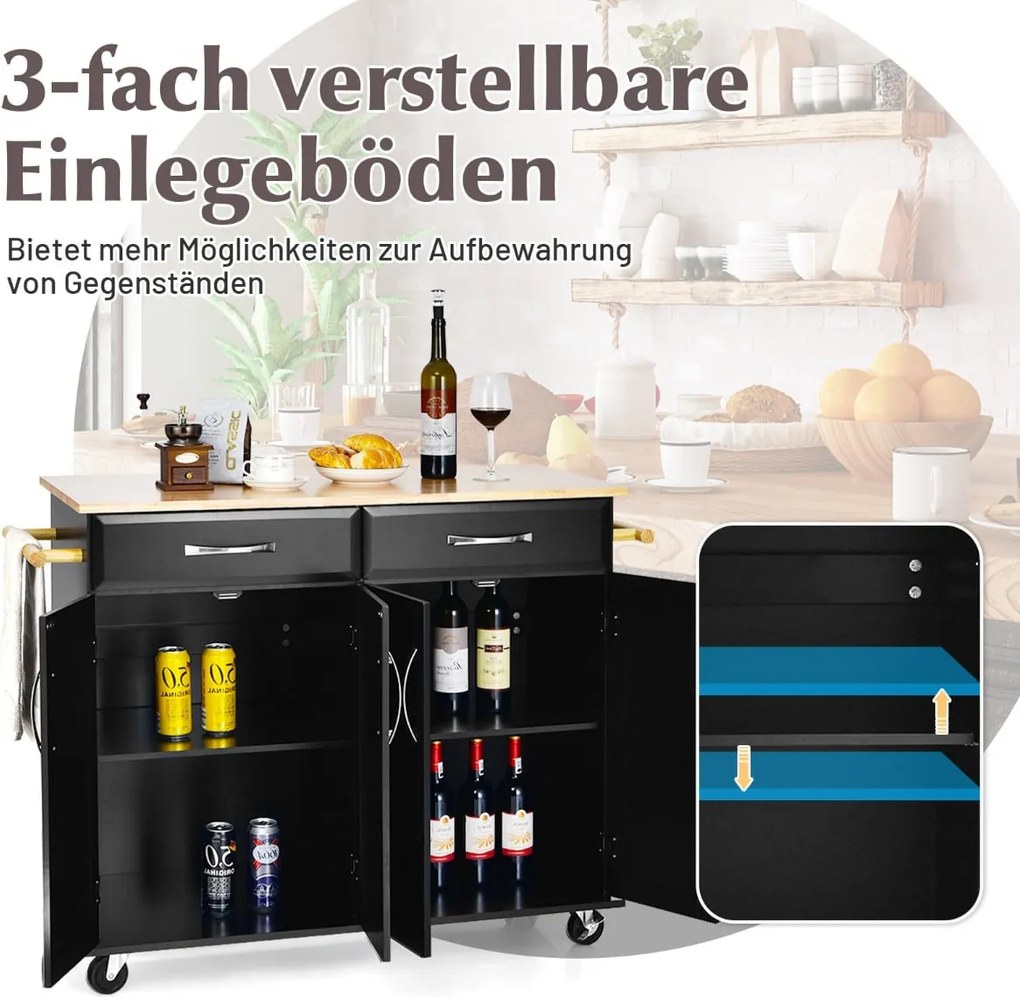 Costway Rolling Kitchen Island vozík s kaučukovou pracovní deskou 4 – černý