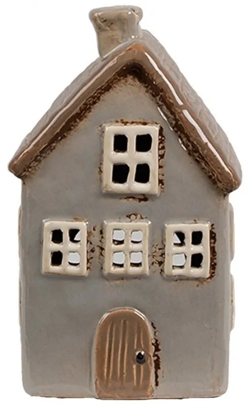 Šedý keramický svícen na čajovou svíčku domek Amster Village - 9*9*16 cm