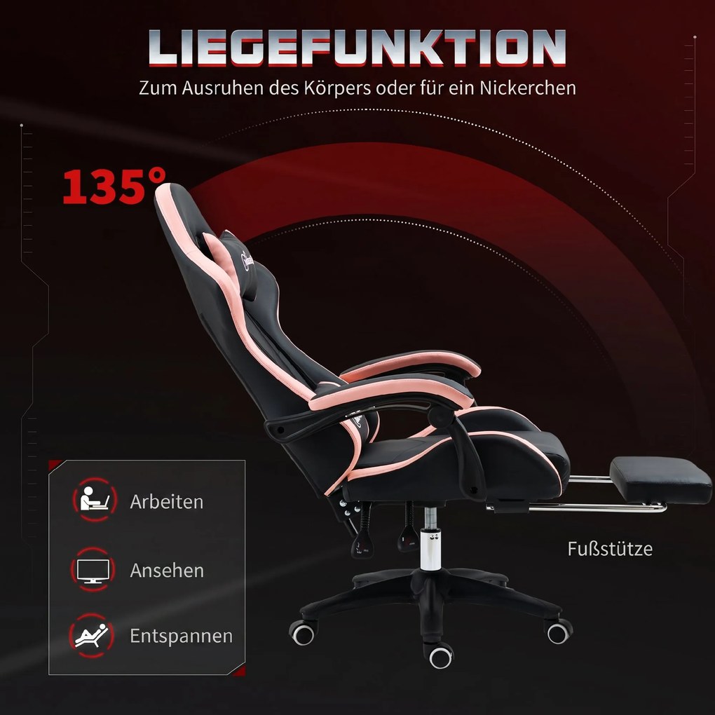 Vinsetto Herní Křeslo Racing Gamer Křeslo PU Kůže s Nastavitelnou Výškou, Polohováním 135°, Opěrkou Hlava, Bederní Oporou a Sklopným Podnožím pro Kan…
