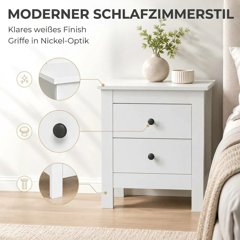 HOMCOM Moderní noční stolek se 2 zásuvkami, odkládací stolek s podložkami na nohy do ložnice, bílý