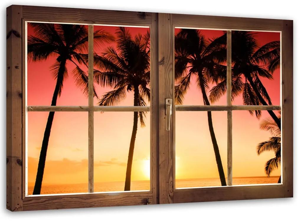 Obraz na plátně Palmové okno při západu slunce - 100x70 cm