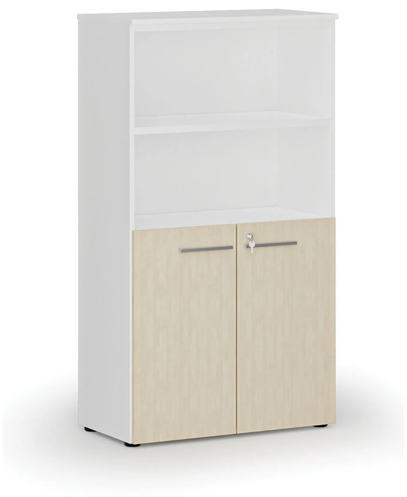 Kombinovaná kancelářská skříň PRIMO WHITE, dveře na 2 patra, 1434 x 800 x 420 mm, bílá/dub přírodní