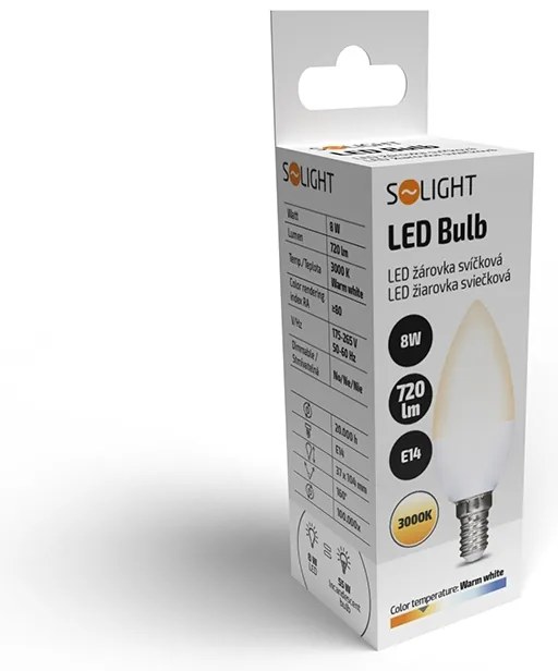SOLIGHT LED žárovka svíčka matná C37 8W, E14, 3000K, 720lm
