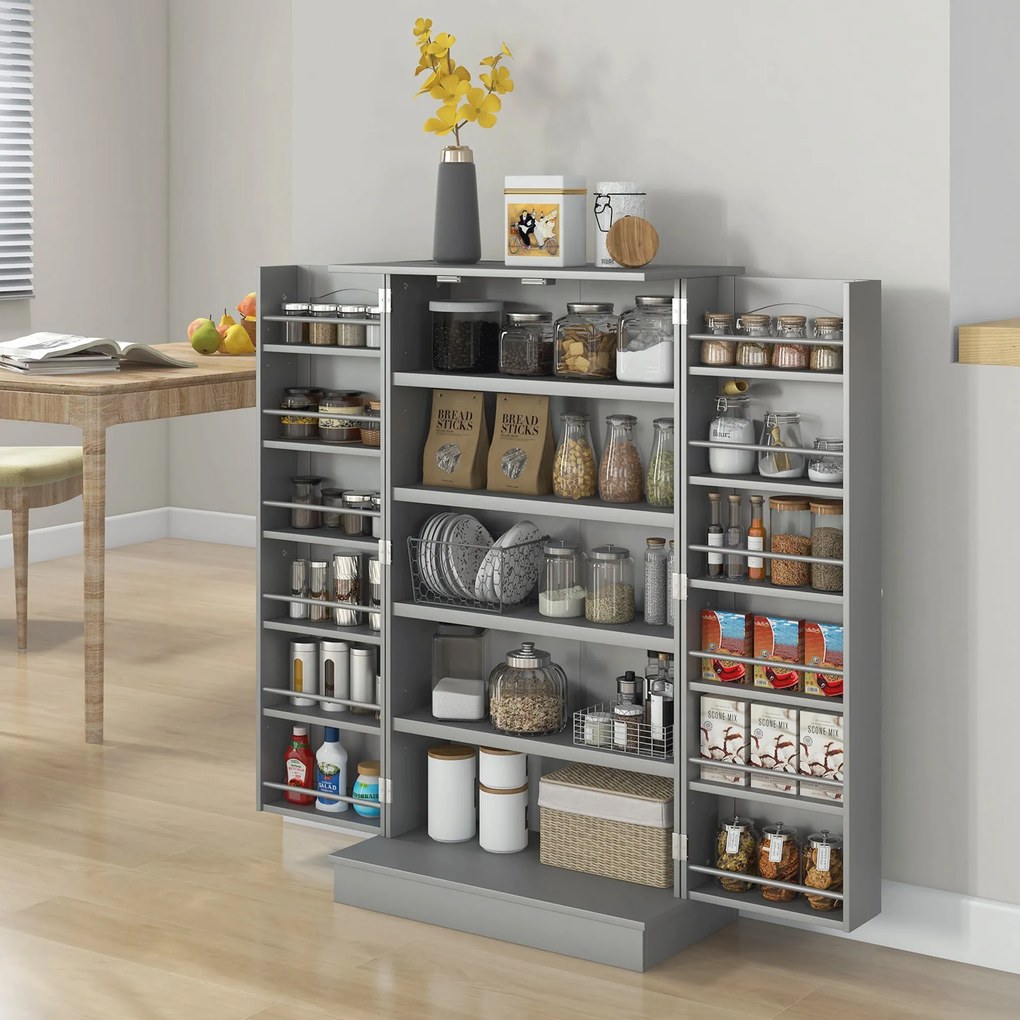 HOMCOM Moderní Kuchyňská Skříňka s Úložným Prostorem, Regály a 12 Kořenkami, Spíž pro Jídelnu a Obývací Pokoj, 60 x 30 x 104 cm, Šedá