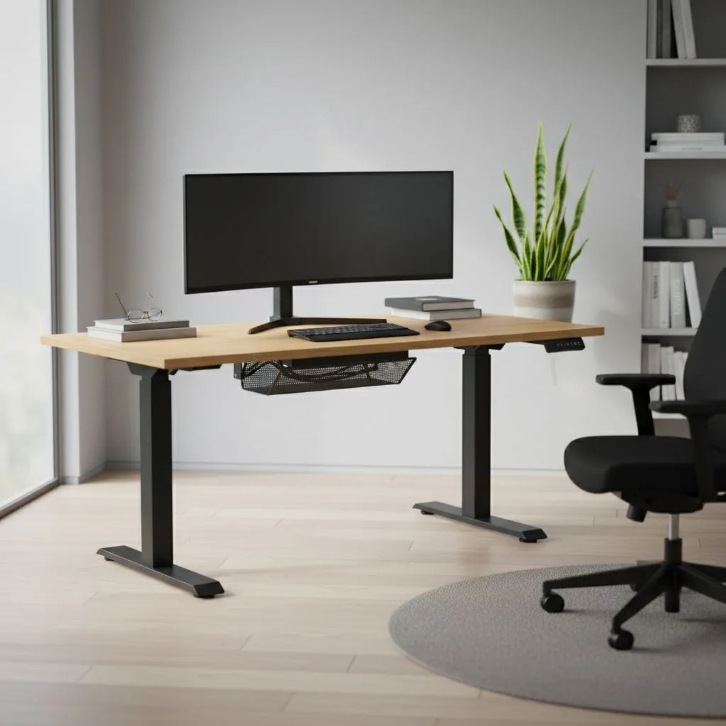 Výškově nastavitelný stůl OfficeTech C, 160 x 80 cm, černá podnož, dub zlatý