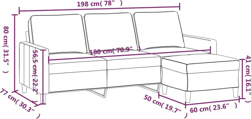 3místná pohovka s podnožkou světle šedá 180 cm samet 3201055