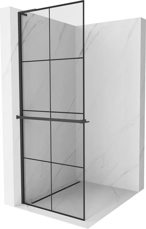 Mexen Kioto+ L, sprchová zástěna Walk-In s poličkou a věšákem 70 x 200 cm, 8mm čiré sklo černý vzor, černý profil, 800-070-123-70-77