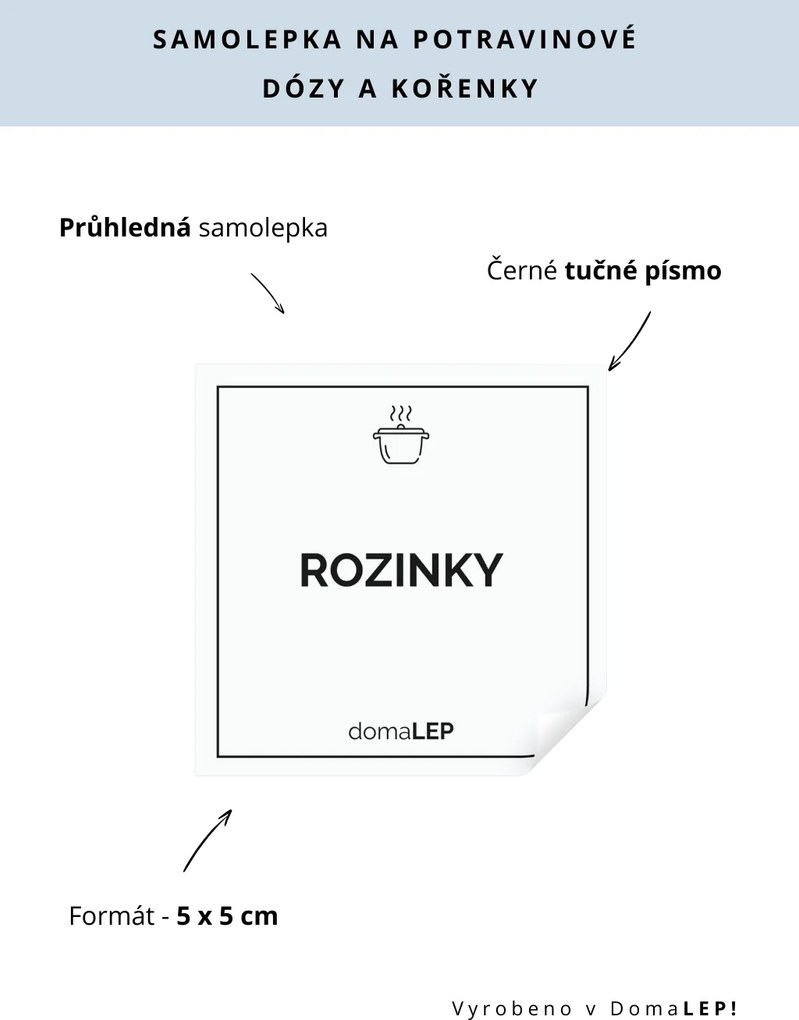 ROZINKY – průhledná samolepka na dózu, tučné písmo, 5 x 5 cm | DomaLEP