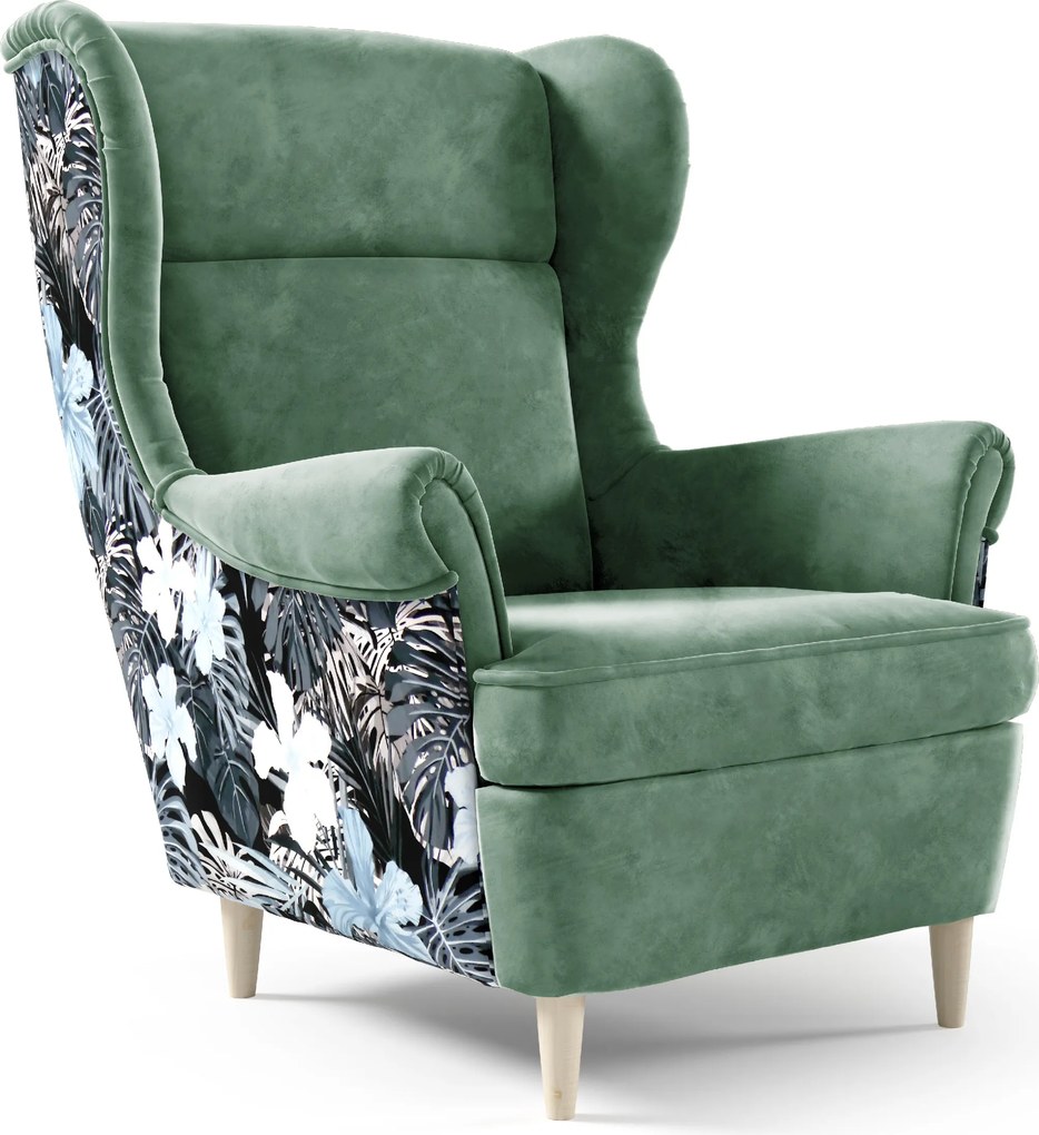 Eka Křeslo ušák AXEL Výběr nohou: Bílé, Barva látky: Hořčicová a bílá s květinami (Tropic 2 + Kronos 11)