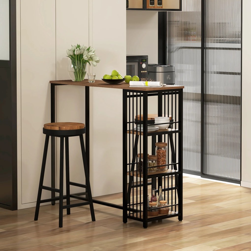 HOMCOM Kuchyňský barový stůl se 3 policemi, industriální design, vzhled dřeva, ocelový rám, 20 x 40 x 105 cm, černá a hnědá | Aosom.de