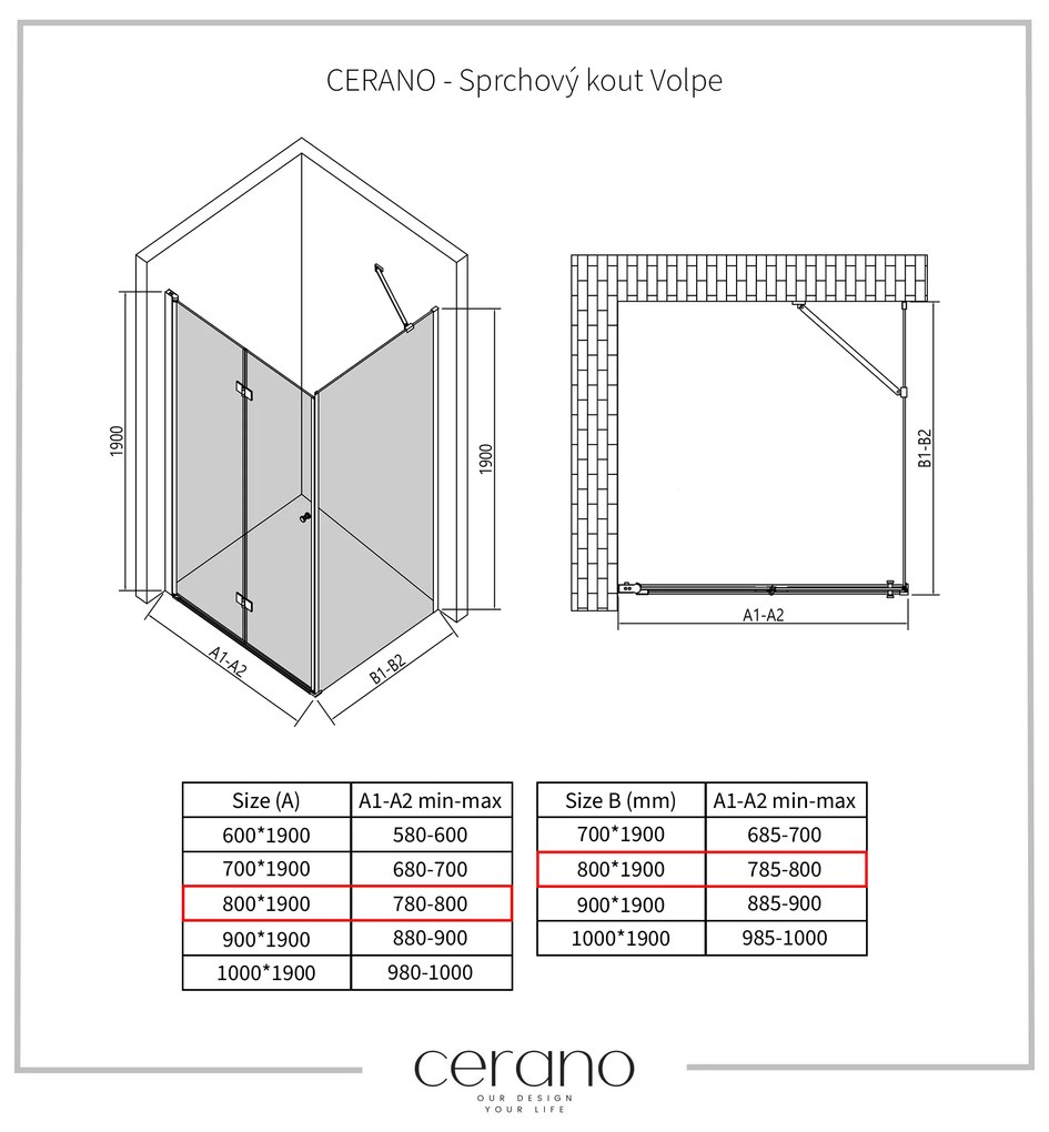CERANO - Sprchový kout Volpe L/P - černá matná, transparentní sklo - 80x80 cm - skládací