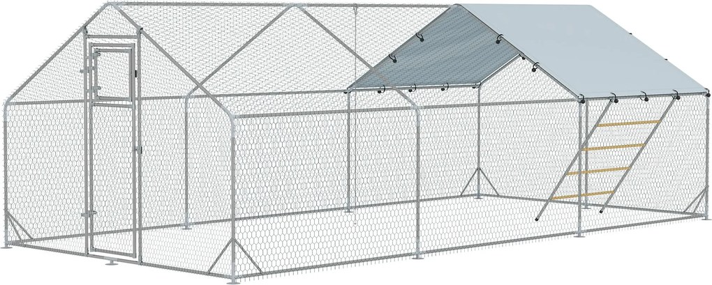 PawHut Kurník pro slepice z oceli, 3 x 6 x 1,95 m s UV-odolným pokryvem, krmícími dveřmi, visícím krmítkem, trúnící tyčí, kurník pro 18-24 slepic a ma