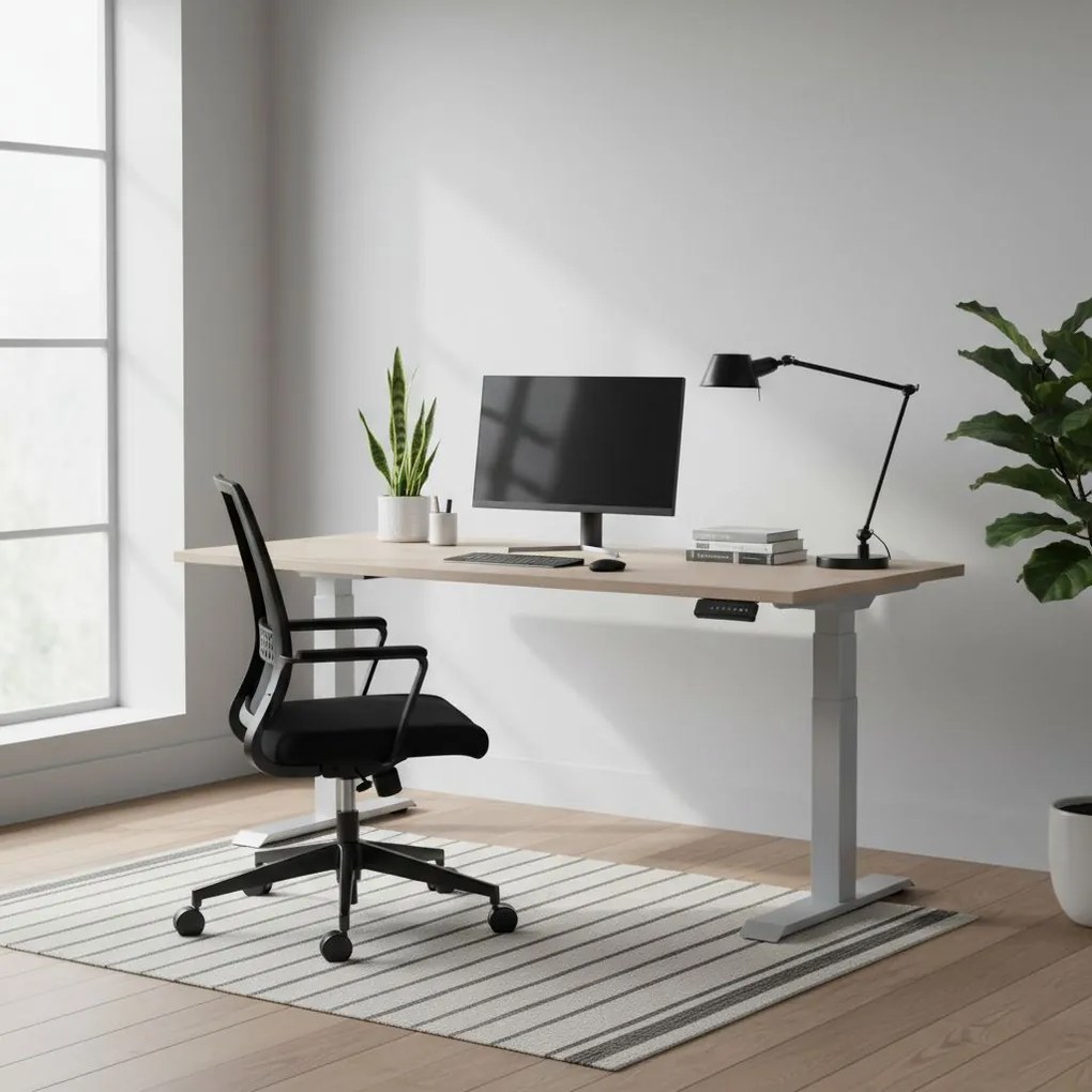 Výškově nastavitelný stůl OfficeTech D, 180 x 80 cm, šedá podnož, dub
