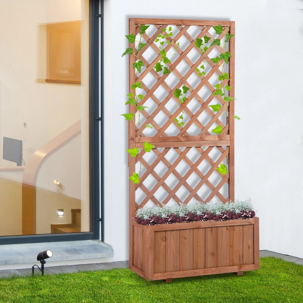 Outsunny vyvýšený záhonový truhlík s mříží 72,5x31,5x149,5 cm z přírodního dřeva pro popínavé rostliny a květiny |