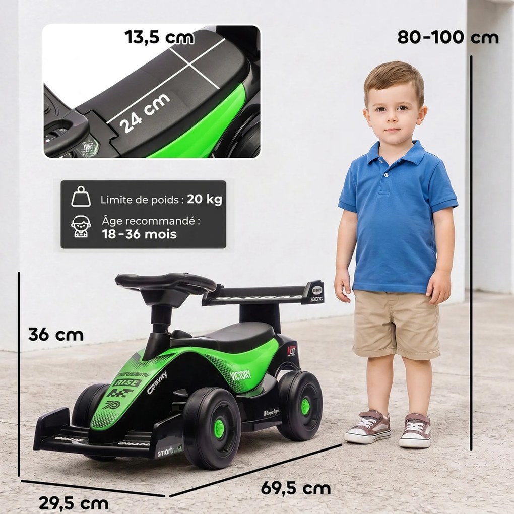 AIYAPLAY dětské odrážedlo F1, odrážedlo s hudebním volantem, tichými koly a úložným prostorem, 18-36 měsíců, zelené