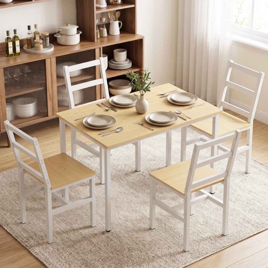 HOMCOM jídelní set se 4 židlemi, obdélníkový stůl 108 cm, židle s latkovým opěradlem, dub a bílá