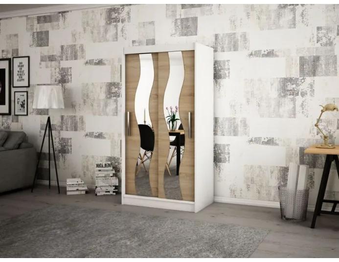 Šatní skříň s posuvnými dveřmi a ozdobnými zrcadly Herta 100 v barvě bílá - dub sonoma