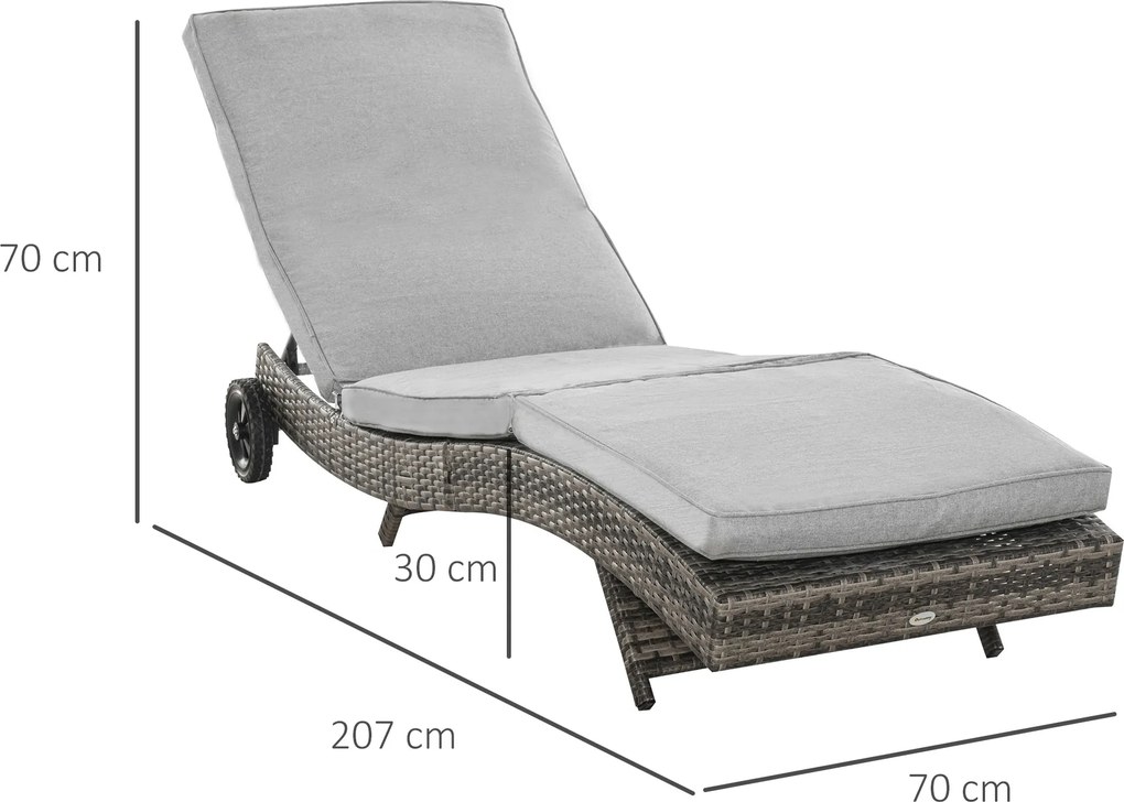 Outsunny polyratanové lehátko zahradní lehátko s polštářem 5-stupňově nastavitelné zahradní nábytek ve tvaru S kovově šedý 207 x 70 x 70 cm |