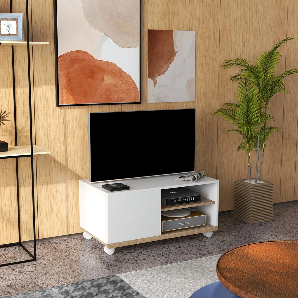 HOMCOM Moderní TV Stánek na Kolečkách pro Televize do 42 Palců - TV Stánek do Obývacího Pokoje s 1 Dvéřmi a 2 Úložnými Policemi 80x45x39,5 cm Bílý