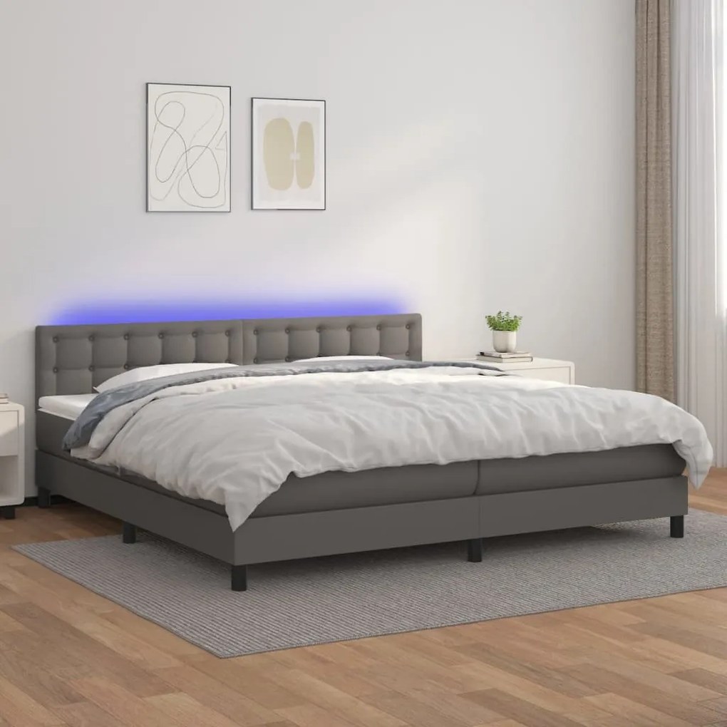 Box spring postel s matrací a LED šedá 200x200 cm umělá kůže