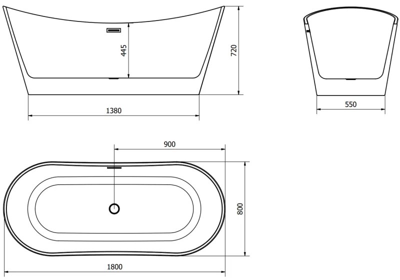 Mexen Montana, volně stojící vana 180 x 80 cm, bílá-černá, broušený grafit přepad, 52011808075-95