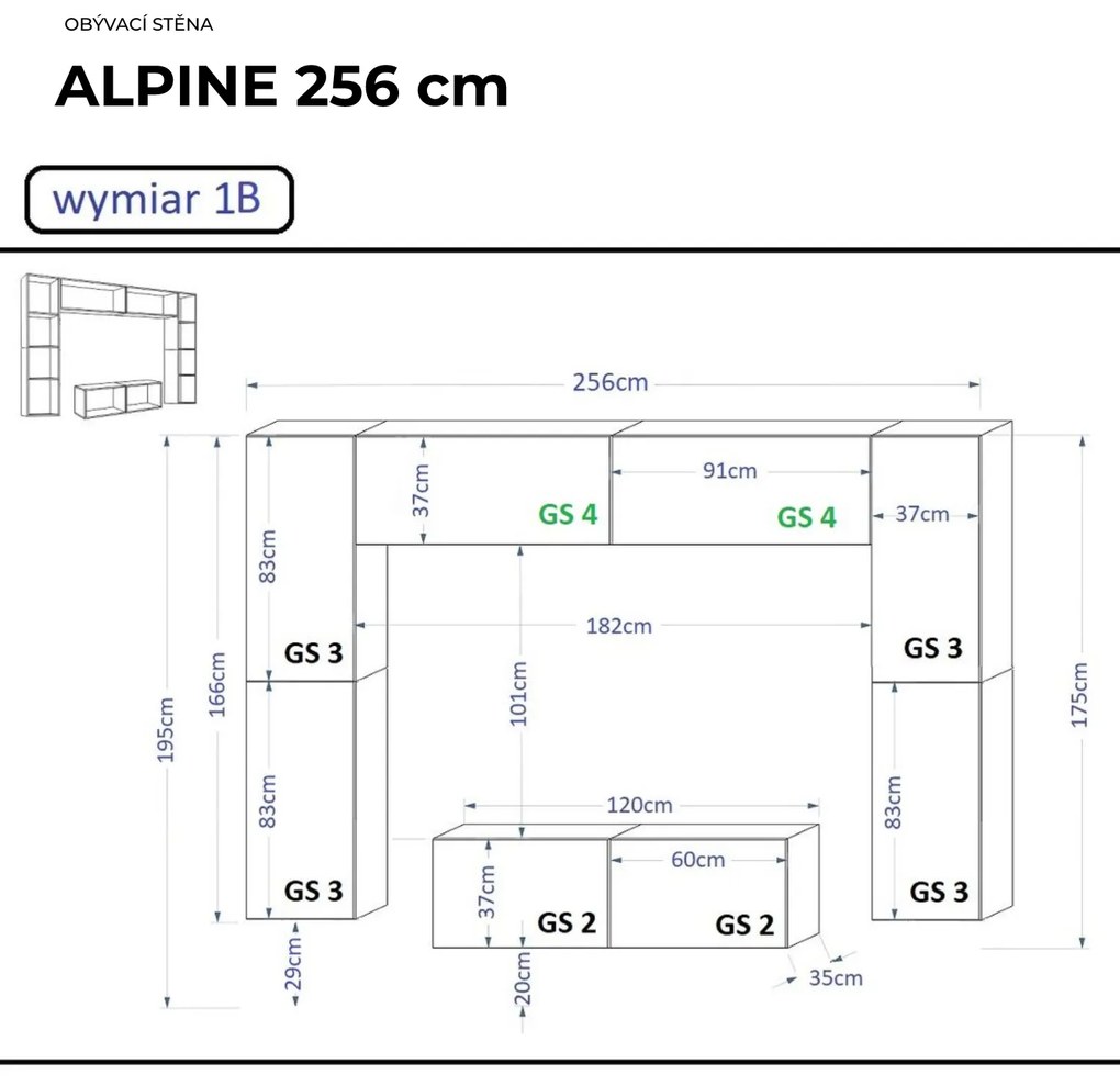 Ral Obývací stěna ALPINE 256 cm - Černý lesk