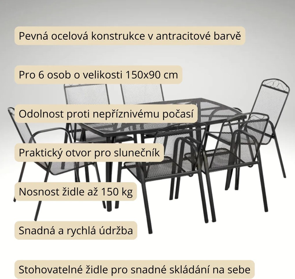 Vikio Zahradní jídelní kovový set pro 6 osob V126 antracit