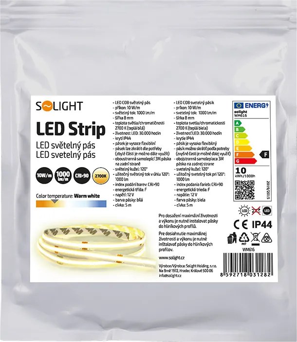 Solight LED COB světelný pás 5m, 10W/m, 1000lm/m, CRi90, IP44, teplá bílá
