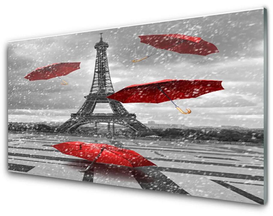 Obraz na skle Eiffelova Věž Paříž Deštník 140x70 cm