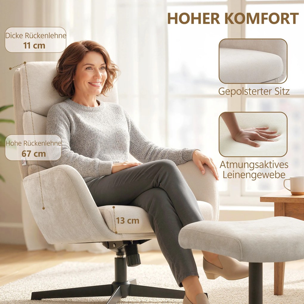 HOMCOM Čalouněné křeslo s podnožkou, lounge křeslo s vysokým opěradlem, kovová podstava, do obývacího pokoje, ložnice, béžové