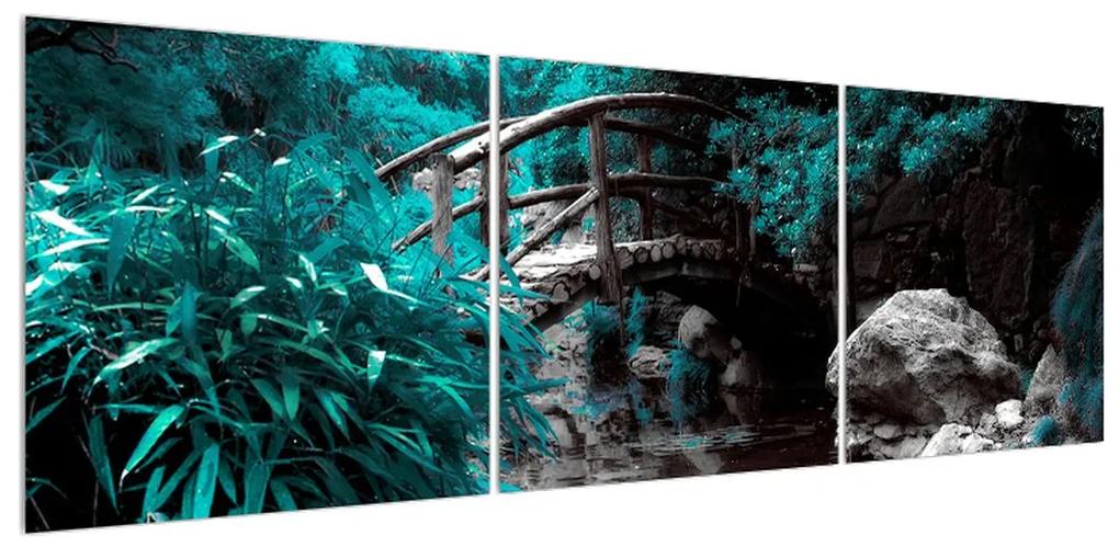 Obraz dřevěného mostu přes říčku (150x50 cm)