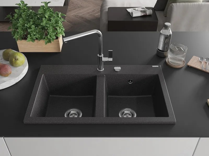 Mexen Hektor žulový dřez 2-komorový 800 x 480 mm, černý skvrnitý, sifon chrom - 6521802000-76