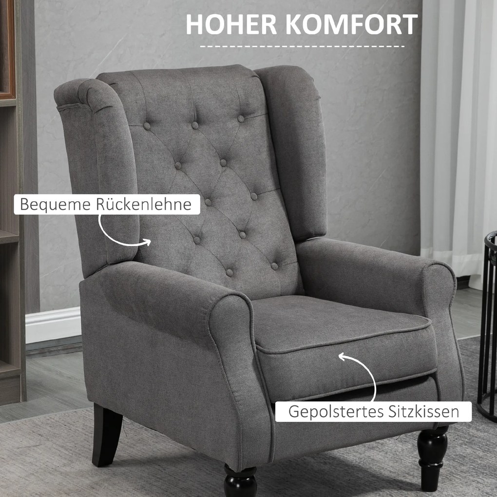 HOMCOM křeslo polohovatelné křídlo s čalouněním, dřevěné nohy, polyester, tmavě šedá, 74x86x102cm, do obývacího pokoje a ložnice