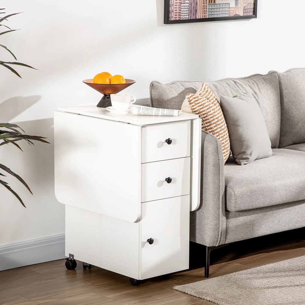 Skládací jídelní stůl HOMCOM s kolečky, skládacími křídlovými deskami, šuplíky a skříňkou pro 4-6 osob 120x60x76,5 cm Bílý