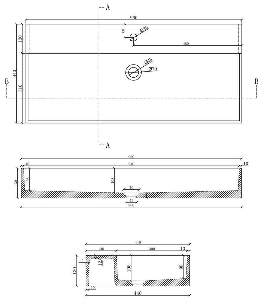 Sapho QUADRADO 96 x 44 cm AR467 betonové umyvadlo včetně výpusti bílý pískovec