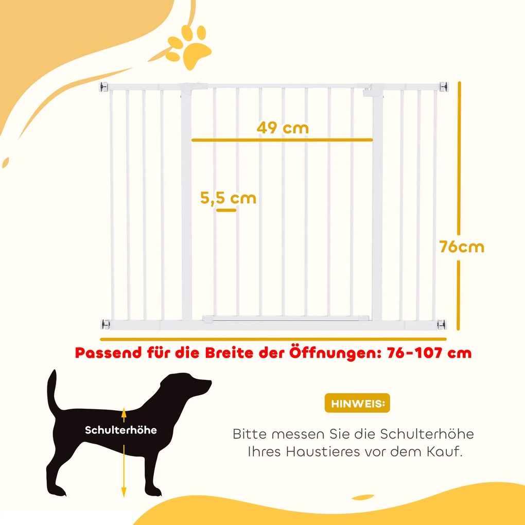 PawHut Schodišťová brána kovová ochrana dveří Bariérová brána nastavitelná bez vrtání 76-107x76cm Bílá