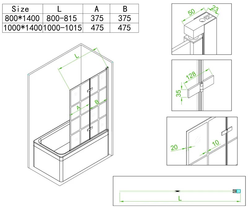 BPS-koupelny Dvoudílná vanová zástěna HYD-PR06 80x140 černá/transparent