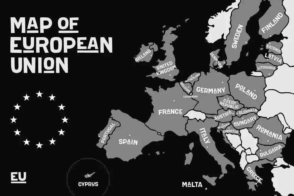 Obraz naučná mapa s názvy zemí evropské unie v černobílém provedení - 60x40 cm